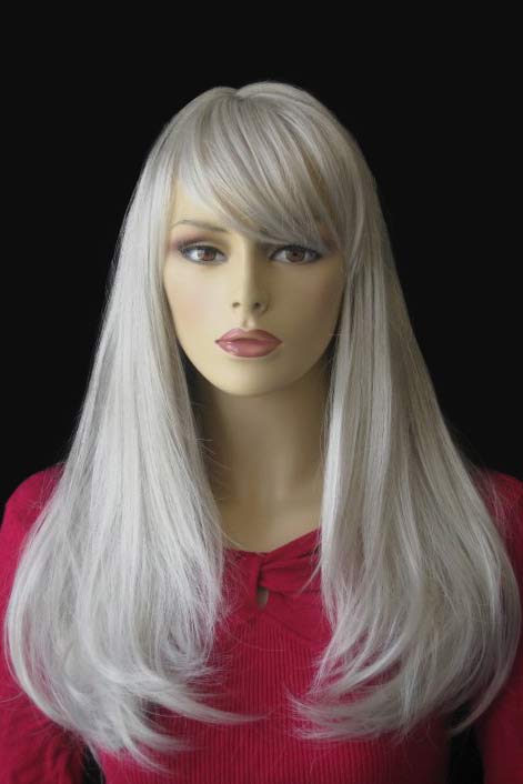 Long silver grey wig in razor cut face framing style London